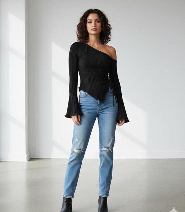 Women One Shoulder Ribbed Crop Top - Home Page